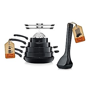 NutriChef Kitchenware Cookware, Non-Stick Pans and Pots with foldable Knob, Space Saving, Stackable, Nylon Tools, Induction Base, Black (17-Piece Set), One Size