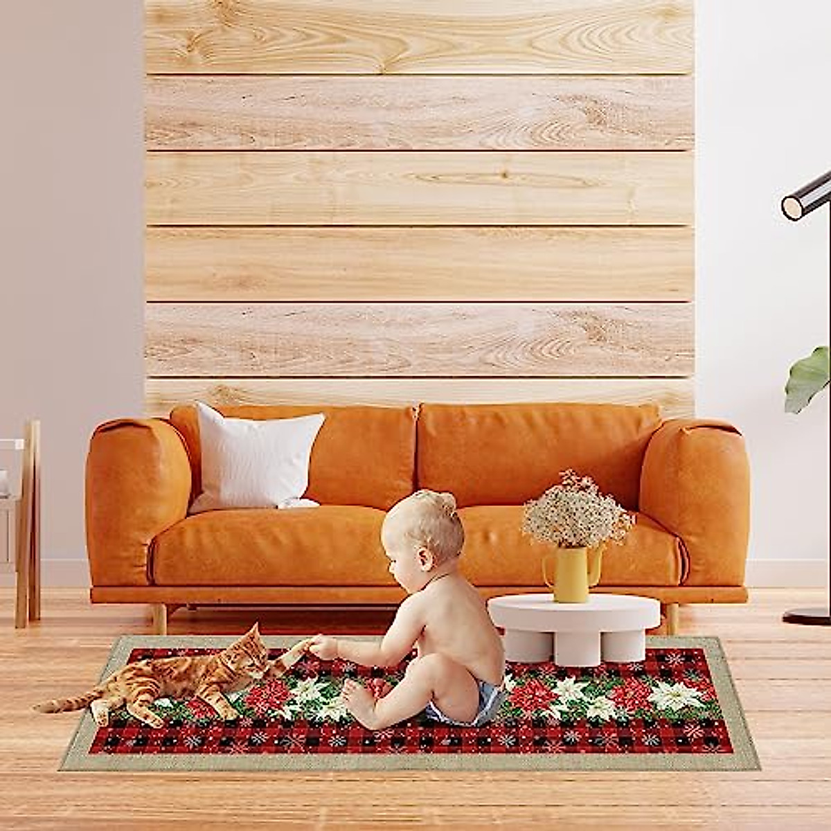 Poinsettia Flower Kitchen Mats Anti Fatigue 2 Piece, Kitchen Mats for Floor, Comfort Mat for Kitchen Floor, Non Skid Mats for Kitchen,Office,Sink,Oven,Laundry, Christmas Farmhouse Red Black Check