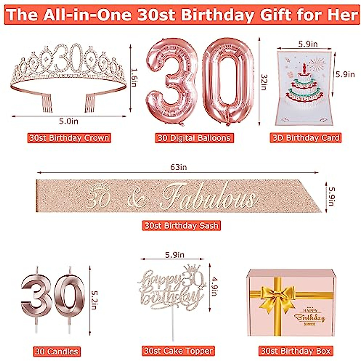 30th Birthday Decorations Women, Include 30th Birthday Sash and Tiara, Birthday Cake Topper and 30 Birthday Candles, 30 Balloons, 3D Birthday Card, 30th Birthday Gifts For Women