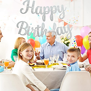 BEISHIDA Silver Happy Birthday Banner - NO DIY,10Feet,Pre-Strung-Glitter Happy Birthday Sign, Happy Birthday Garland,Happy Birthday Backdrop,Happy Birthday Decorations for Women