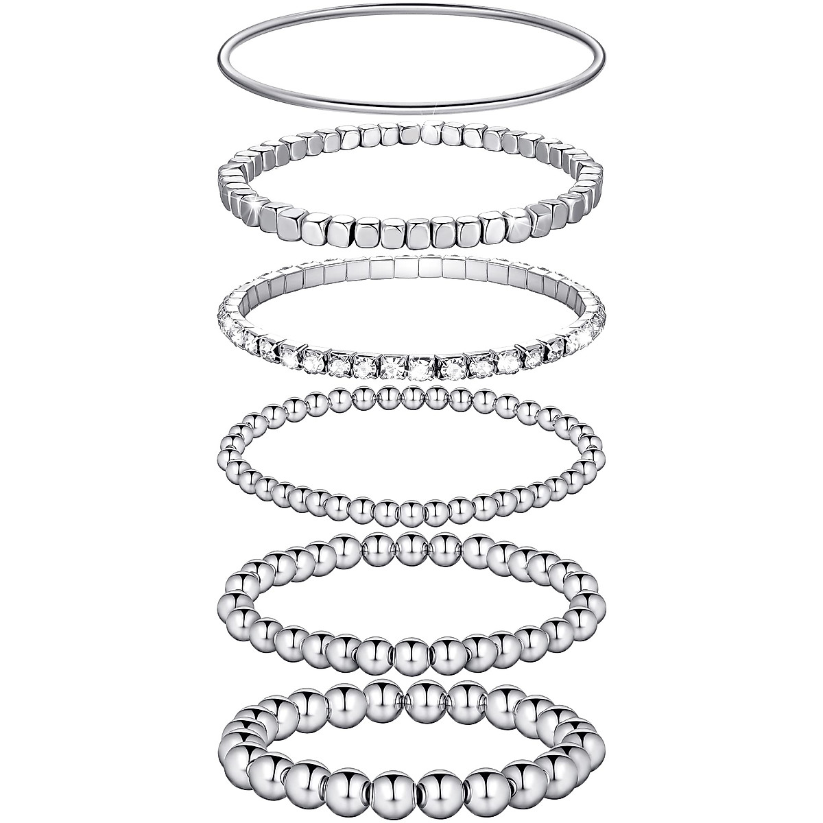6 Pieces Bracelets Set for Women Stackable Elastic Bead Ball Bracelet Thin Bangle Bracelet Stretch Cubic Bead Bracelet Tennis Bracelet with Round Moissanite (Silver)