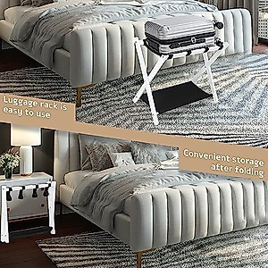 Luggage Rack 4 Pack, Luggage Racks with Heavy Duty Nylon Belts, Folding Space saving Luggage Stand, Wood Suitcase Holder Shelf For Bedroom, Luggage Racks with Nylon Shoe Rack, White