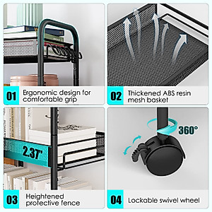 HomeHom 5-Tier Rolling Cart, Metal Utility Cart with Lockable Wheels, Rolling Storage Cart with Handle Kitchen Cart with 12 Hooks for Office, Bathroom, Kitchen, Kids' Room, Classroom (Black)