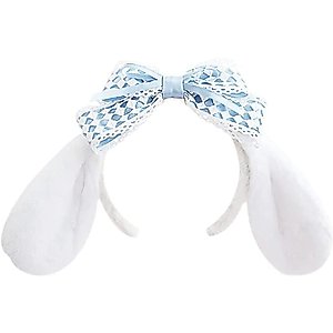 Staryes Cute Fuzzy Head Bands for Girl's Hair, Handmade Lolita Hairband with White Long Ears and Blue Lace Bow Decor, Comfortable Kawaii Headband for JK Outfit, Costume party, Cosplay, Easter