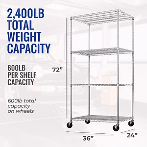 SafeRacks - NSF Certified Storage Shelves, Zinc, Heavy Duty Steel Wire Unit with Wheels and Adjustable Feet, Garage or Bakers Rack, Kitchen, Pantry Shelf - (36"x24"x72" 4-Tier) (Silver)