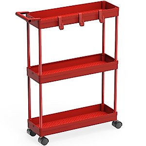 SimpleHouseware Kitchen Cart Storage 3-Tier Slim/Super Narrow Shelves with Handle, 26.5'' Height/5.5'' Width for Narrow Place, Red