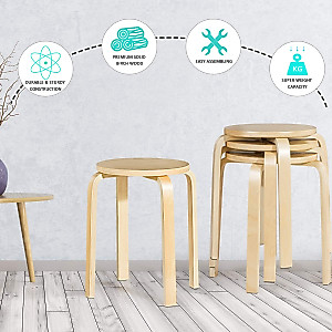COSTWAY Stackable Bentwood Stools Set of 4, 18-Inch Height Backless Counter Chairs with Round Top, Anti-Slip Felt Pad, Portable School Stool for Dining Room, Kitchen, Classroom, Birch