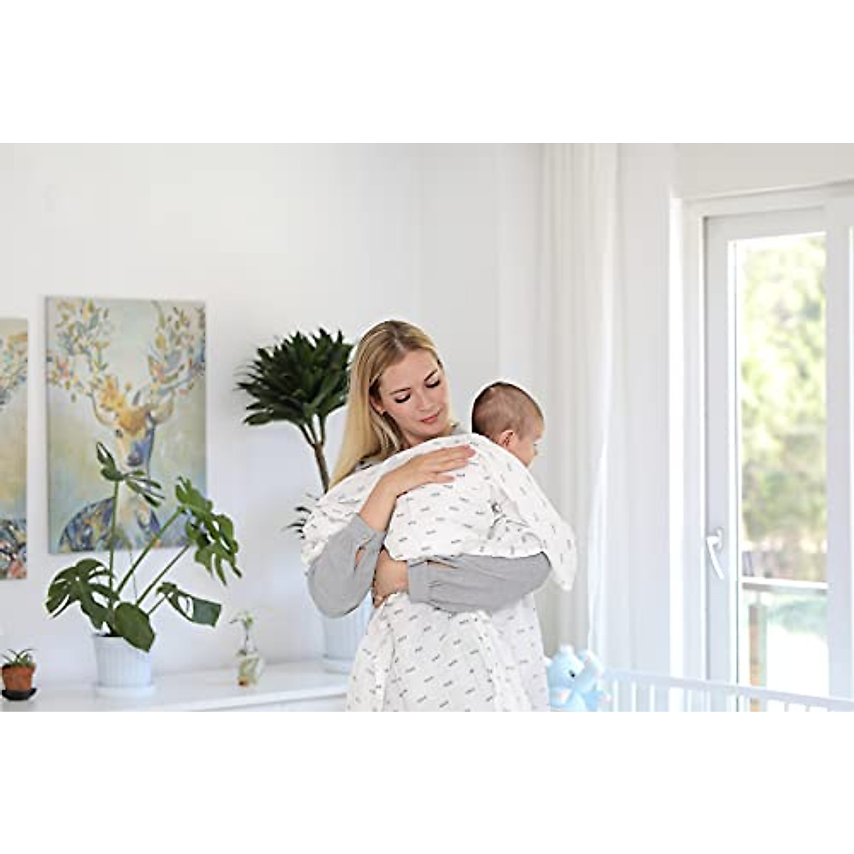 Muslin Swaddle Blankets – Soft Pure Cotton Muslin Blankets – 4 Pack of Breathable Swaddle Blankets – Unisex Baby Swaddle Blanket Set in Grey/White Designs – Multi Use Muslin Blankets – 47 x 47 inches