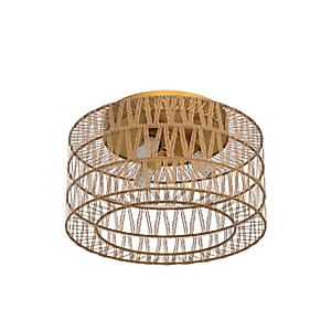 Rattan Light Fixtures Ceiling Mount, 3-Lights Boho Flush Mount Ceiling Light, Hand-Woven Cage Shade Lamp Lighting, Rustic Rattan Chandelier for Hallway Bedroom Kitchen Farmhouse Foyer Entryway (Gold)