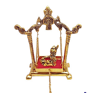 KridayKraft Laddu Gopal on Jhulla Palana Metal Statue Gold Plated Decor Your Home,Office Metal Krishna Murti,Showpiece Figurines,Religious Idol Gift Article.