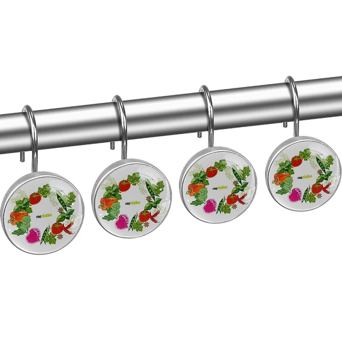 Green Vegetables Shower Curtain Hook Decorative Rust Proof Shower Curtain Rings Kids Room Bathroom Decor, Set of 12 for Any Rod and Curtain