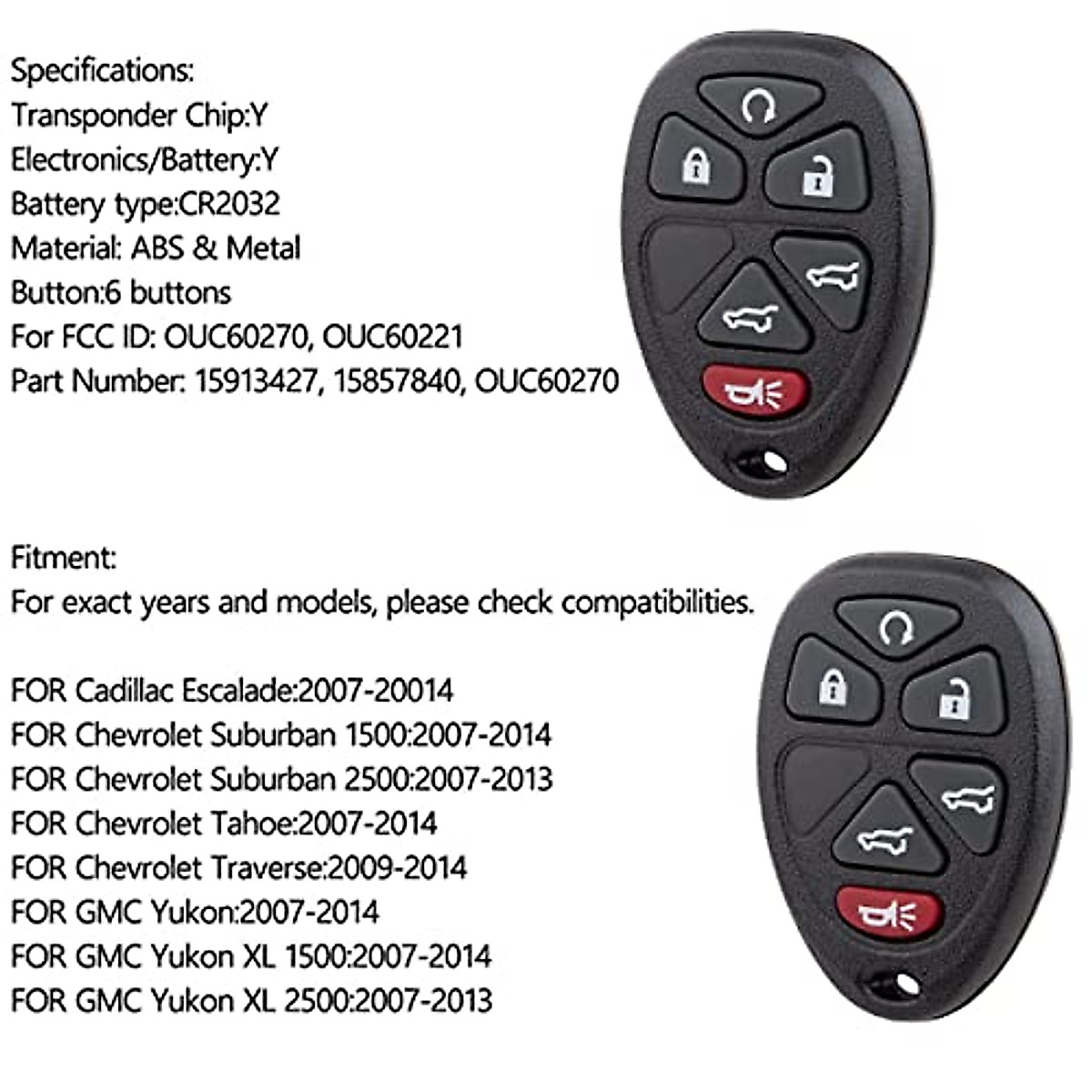 Car Key Fob Keyless Entry Remote Fits 2007-2014 Chevy Silverado Tahoe Suburban Cadillac Escalade GMC Yukon Replaces OUC60270 OUC60221 20869057 15913427