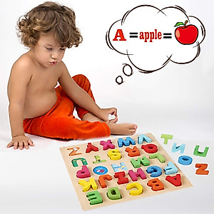 Wondertoys Wooden Alphabet Puzzle for Toddlers Chunky Lowercase & Uppercase Letters ABC Puzzles Board for Preschools Boys and Girls