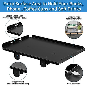 GAGUIUP Aluminum Alloy Bedside Shelf for Bed, Heavy Duty Bunk Bed Shelf Holds up to 40 Lbs, Clip On Nightstand Tray College Dorm Room Essential Bed Side Table with Charging Slot for Bed Frame, Loft