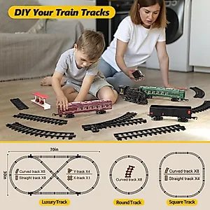 ROGALALY Train Set for Kids, Steam Locomotive Train w/Coal Car,Passenger Coach,Cargo Car & Long Tracks,Electric Train Railway Kits w/Smoke,Lights & Sound,Battery-Powered Train Toys Gift for Boys Girls
