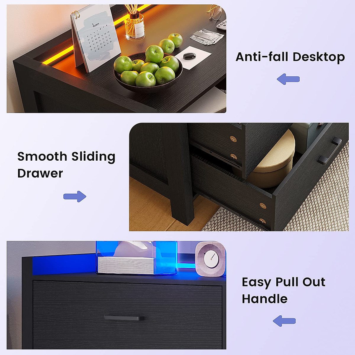 EPHEX Dresser for Bedroom, 6 Drawer Double Dresser with LED Lights, Wood Chest of Drawers, Modern Storage Dresser for Bedroom, Black