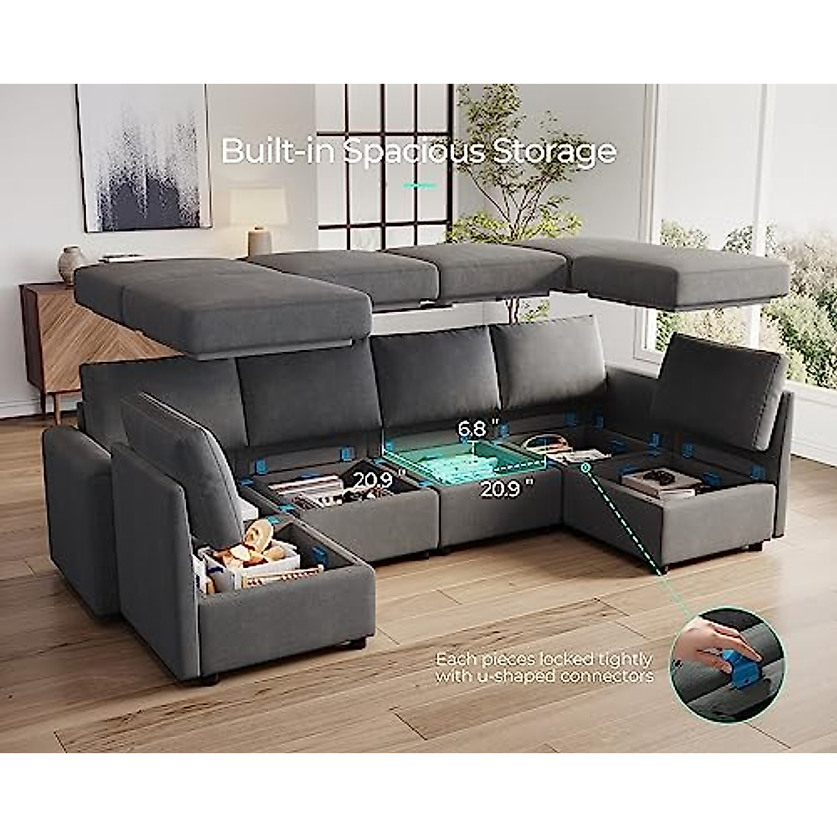 LINSY HOME Modular Sofa, Sectional Couch U Shaped Sofa Couch with Storage, Memory Foam, 6 Seat Modular Sectionals Sofa Couch with Chaise for Living Room, Dark Grey