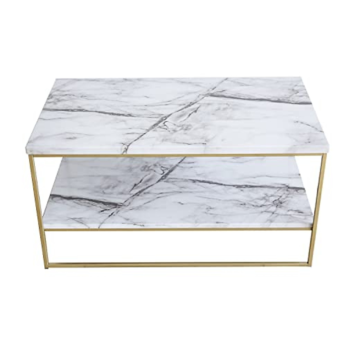 roomfitters 35” Faux Marble Coffee Table, Marble Top Rectangular Coffee Table, Center Table with Gold Metal Frame, 2 Tier Living Room Table, Cocktail Table with Storage for Living Room