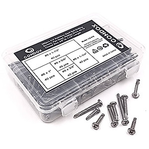 Comdox 410 Stainless Steel Self Drilling Screws Kit Set, Pan Head Phillips Sheet Metal Tek Screws Assortment Kit, Modified Truss Head, 8-18 Thread Size, 5/8" to 1-1/2" Length (Pack of 200)