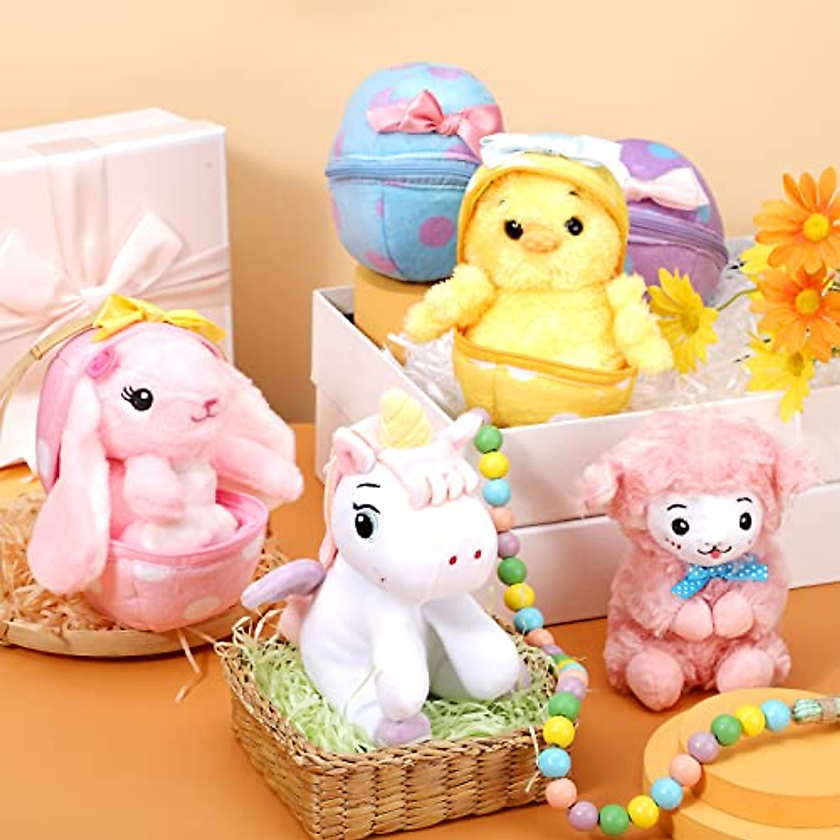 Skylety 4 Packs Easter Egg Stuffed Animals 6 Inch Easter Eggs Filled with Llama Unicorn Chick Rabbit Plush Inside for Easter Basket Stuffers Presents Exchange Party Favors Gifts