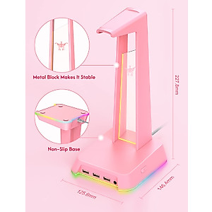 SOSISU RGB Headphones Stand with 3.5mm AUX and 3 USB 2.0 Ports, Gaming Headset Holder Hanger with Non-Slip Rubber Base for SOSISU Gaming Headset(Not Included), PC, Desktop (Pink)