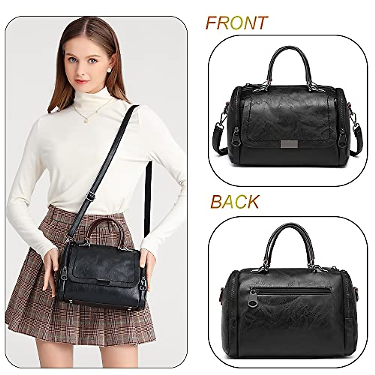 KKP Women's Purse Leather Handbags Women Travel Satchel Bag Adjustable Strap Boston Bag-Black