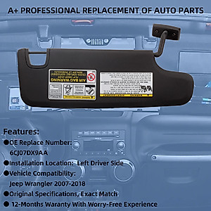 Dasbecan Black Left Driver Side Sun Visor Compatible with Jeep Wrangler JK 2007-2018 Replaces# 6CJ07DX9AA