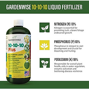 GARDENWISE 10-10-10 Fertilizer for All Purpose Plants - Liquid Fertilizer with Seaweed Kelp & Iron - Plant Food Outdoor & Indoor Plant Food, Vegetables, Flowers, Lawn & Garden 10 10 10 Fertilizer 8oz