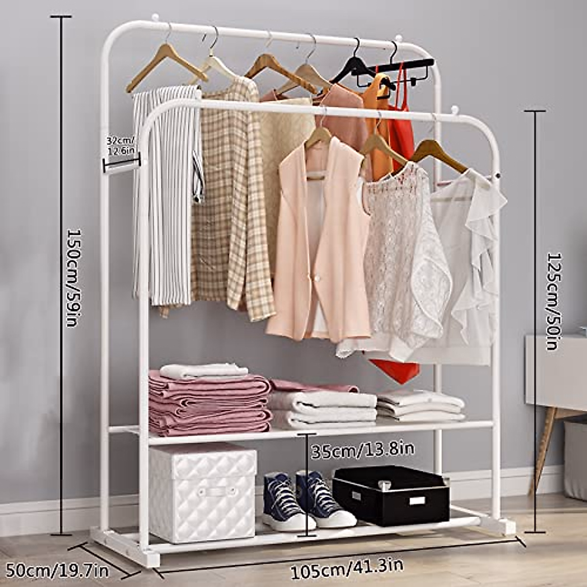 GGQQ Clothes Garment Rack with Shelves,Metal Double Rod Clothes Hanger Rack,Rolling Garment Rack for Hanging Clothes,Stand Clothes Drying Rack with Wheels(41”,White).