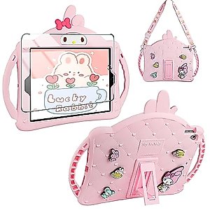 JAKPAK for iPad 5th Generation Case Kids iPad 6th Gen iPad Air 2/Pro Case with Screen Protector Lanyard for Girls,Soft Silicone iPad Cover with Handle Kickstand for iPad 9.7 inch