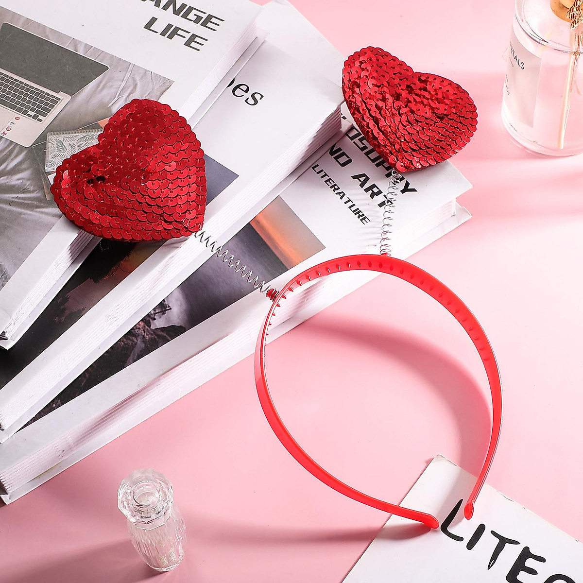Lurrose Heart Headband Red Sequin Love-shaped Head Boppers Party Hair Accessoires for Holiday Festival