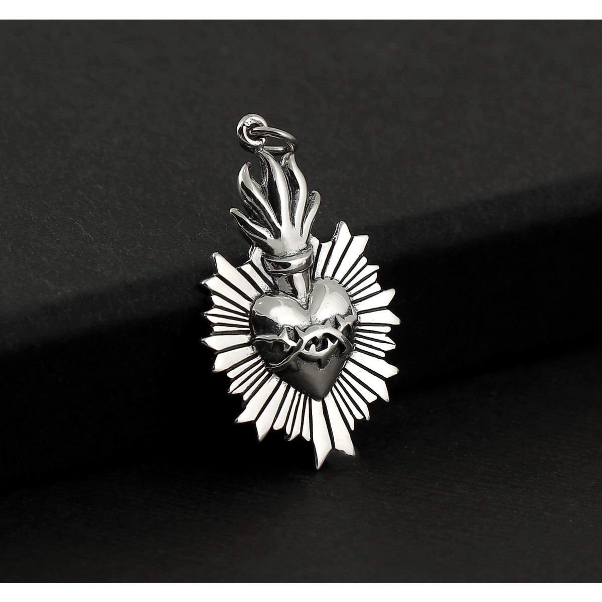 Sacred Flaming Heart with Thorns Charm • Solid Sterling Silver Heart • God's Love • Jesus Love Pendant Necklace Charm