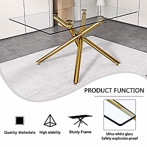 71 inch Glass Dining Table with Clear Rectangular Glass Top, 4 Chrome Golden Legs Modern Rectangular Glass Kitchen Table Furniture for Home Office Kitchen Dining Room, 6-8 People