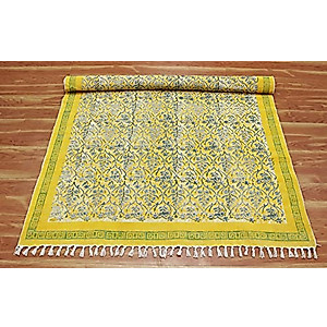 Casavani Indian Handmade Cotton Dhurrie Bordered Yellow & Green Area Rug Boho Kilim Flat Weave Rug Indoor Hall Room Decor Carpet Throw Rugs for Bedroom Living Room Bathroom Balcony 4x7 Feet