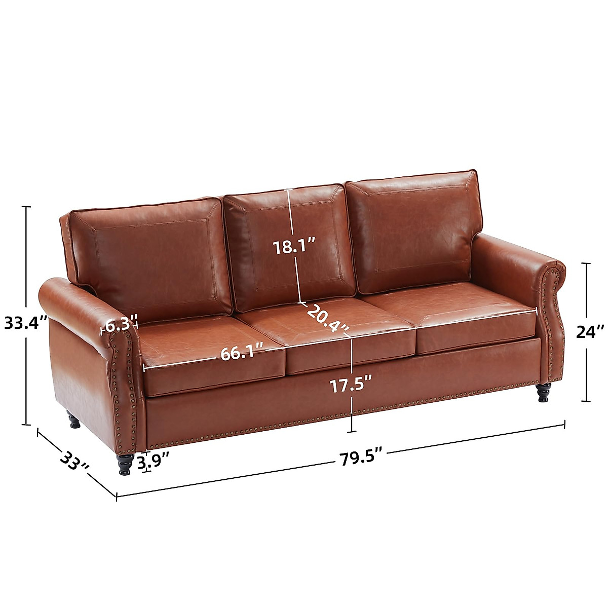WILLOVE 79'' Faux Leather Sofa, Classic 3 Seater Leather Couch with Rolled Arm and Nailhead Trim, Mid-Century Modern Couch for Living Room, Apartment, Easy to Install, Tan Brown