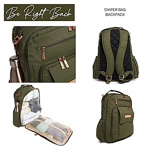 JuJuBe Diaper Bag, Travel Backpack with Portable Changing Pad, Stroller Hooks & Pockets for Baby Bottles, Diapers, Pacifier, Wipes, Snacks, & Daily Essentials, Mommy Carrier, Be Right Back - Olive