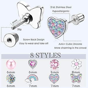 LOLIAS Hypoallergenic Screw back Earrings for Women 316L Surgical Steel CZ ScrewBack Earring 8 Pairs Colorful Heart Butterfly Flower Sensitive Tiny Stud Earrings Set