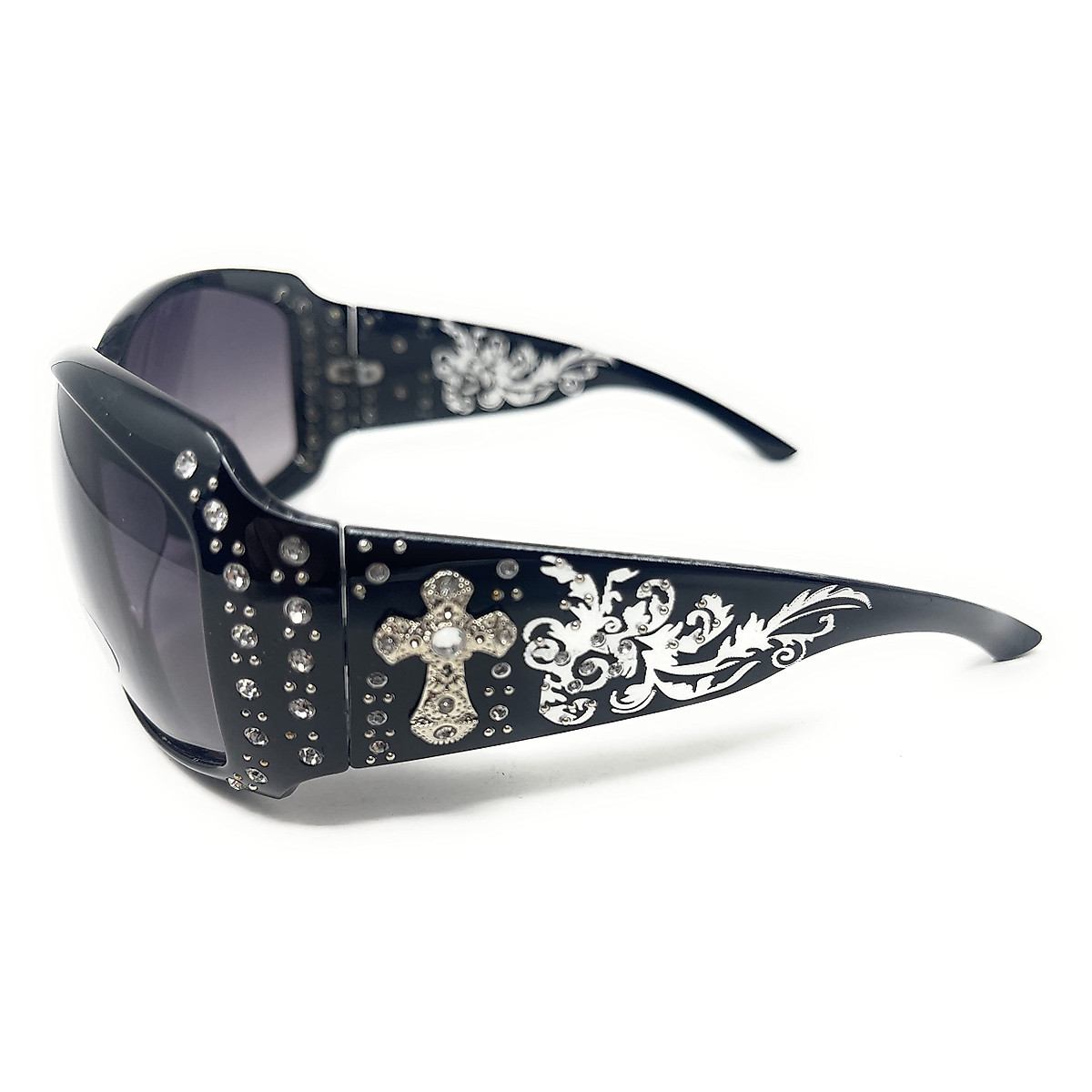 Texas West Womens Sunglasses With Rhinestone Bling UV 400 PC Lens Horse/Concho/Cross/Pistol/Butterfly/Star (Flora Cross Black)