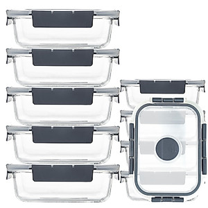YANGNAY 10 Pack Glass Meal Prep Containers with Steam Vent, Food Storage Containers with Airtight Lids, Dishwasher/Microwave/Oven/Freezer Safe Glass Containers for Leftovers (2 Sizes, Grey)