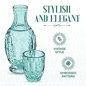 Elle Decor Vintage Bedside Water Carafe with Tumbler Glass – Elegant Pitcher and Matching Drinking Cup Doubles As Lid (Green)
