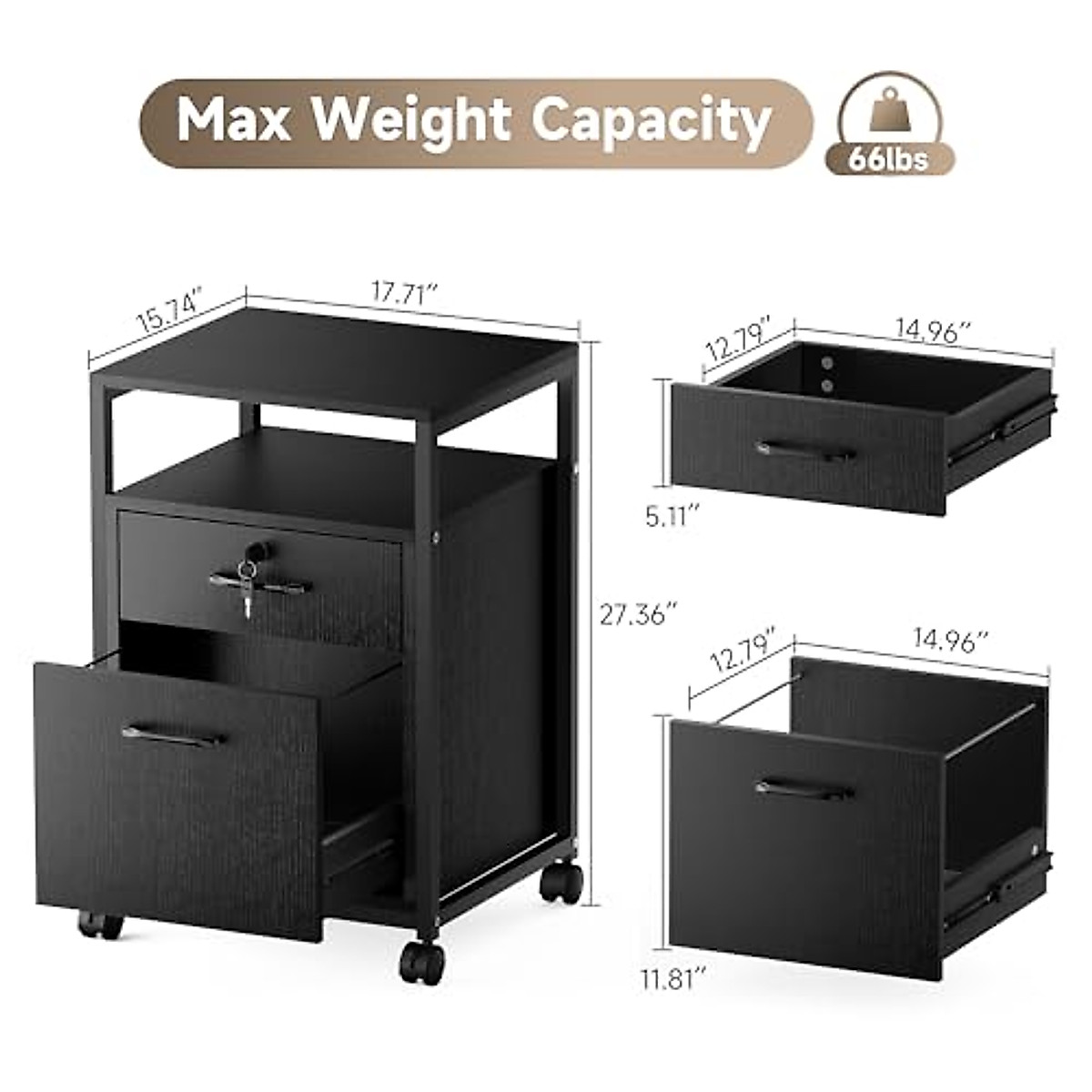 Warmiehomy File Cabinet with Lock 2 Drawer Rolling Filing Cabinet with Open Shelf Locking File Cabinet on Wheels Wood File Cabinet for Home Office fits A4/Letter/Legal Size (Black)