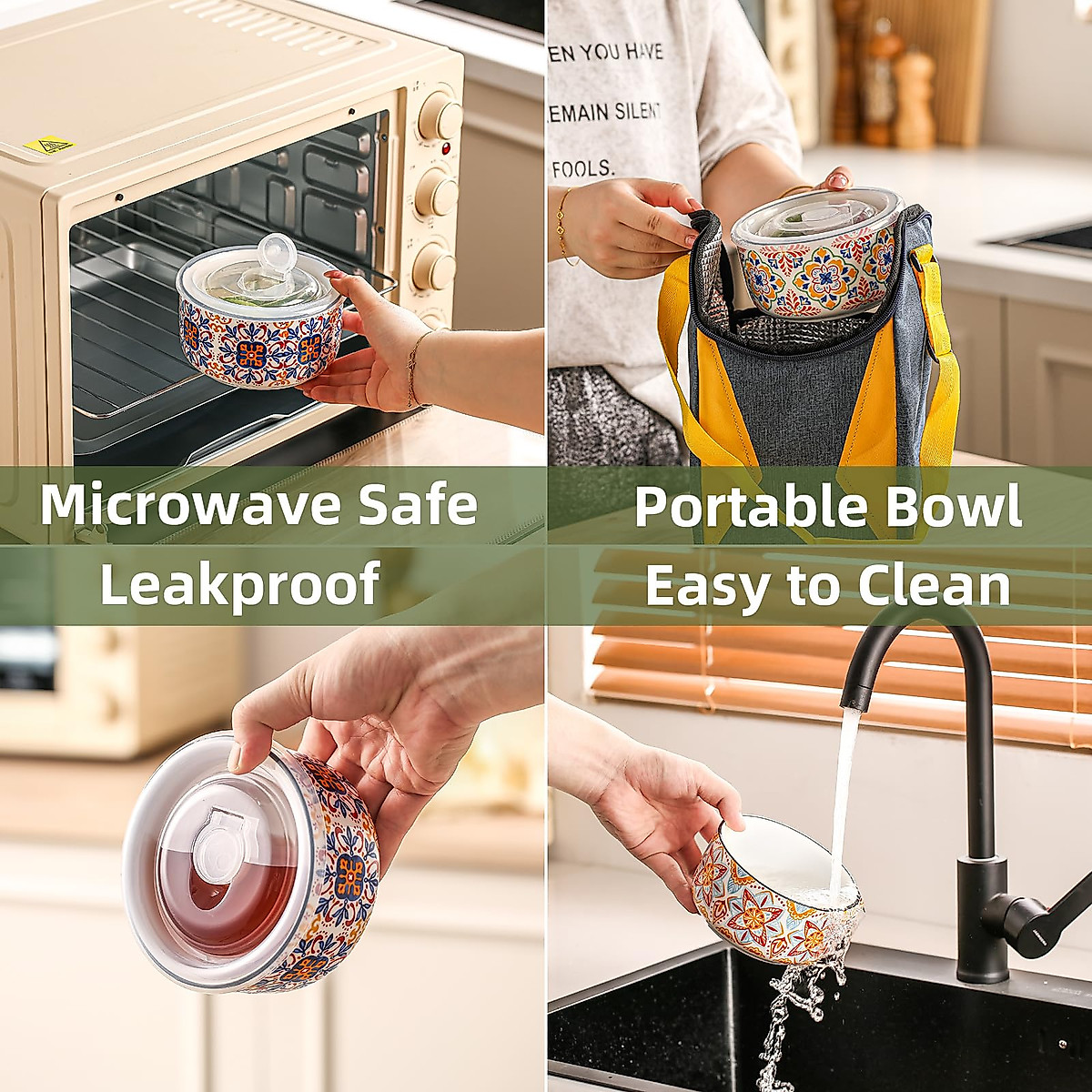 Chubacoo Ceramic Bowl with Lid: Microwave Safe Soup Containers Set of 6 for Meal Prep, Cereal, Salad, Picnic, Camping, Office Lunch, Kitchen Food Storage - 5 Inch, 20 oz, Design B