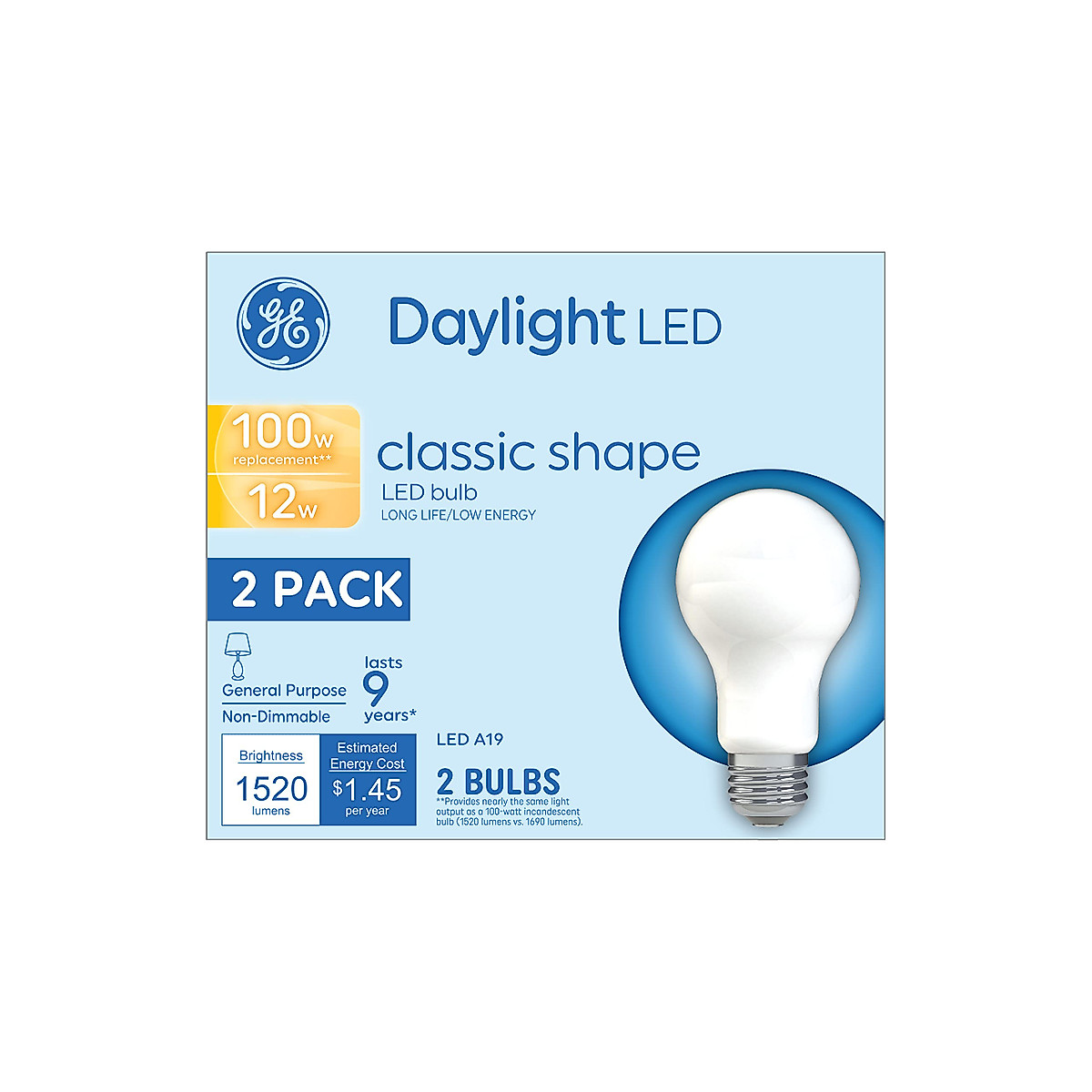 GE LED Light Bulbs, 100 Watt, Daylight, A19 (2 Pack)