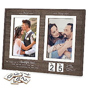 Then & Now Anniversary Picture Frame, 1-99 Years Wedding Gift Ideas - Anniversary Wood Photo Frame, Engagement Bridal Shower Gifts with Sentimental Quote - Holds 2 4x6 Inches Photos (Then & Now)