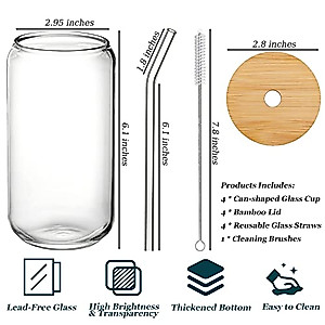 Glass Cups with Lids and Straws 4pcs Set, 16oz Can Shaped Drinking Glasses Set, Beer Glasses, Iced Coffee Cup, Cute Tumbler Cup for Juice, Water, Soda, Tea, Gift