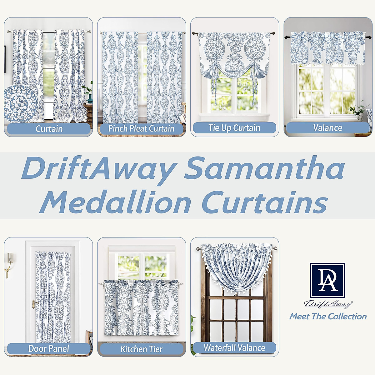 DriftAway Damask Curtains Valances for Windows 2 Pack Farmhouse Style Floral Medallion Patterned Samantha Valance for Living Room Bedroom 52 Inch by 18 Inch Plus 2 Inch Header Dusty Blue