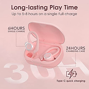 Wireless Earbuds with Earhooks Cute Pink for Womens, in Ear Bluetooth Headphones Sport with bass Boost, Built in Mic, IPX7 Waterproof Earphones with Over Ear Detachable Hooks for Running Workout
