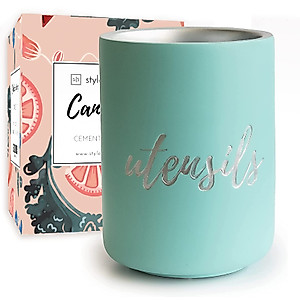 White Utensil Holder with Built-In Ceramic Spoon Rest - 2 PC Luxe White & Gold Utensil Holder for Countertop Includes Large Utensil Holder & White and Gold Spoon Rest - Utensils Not Included