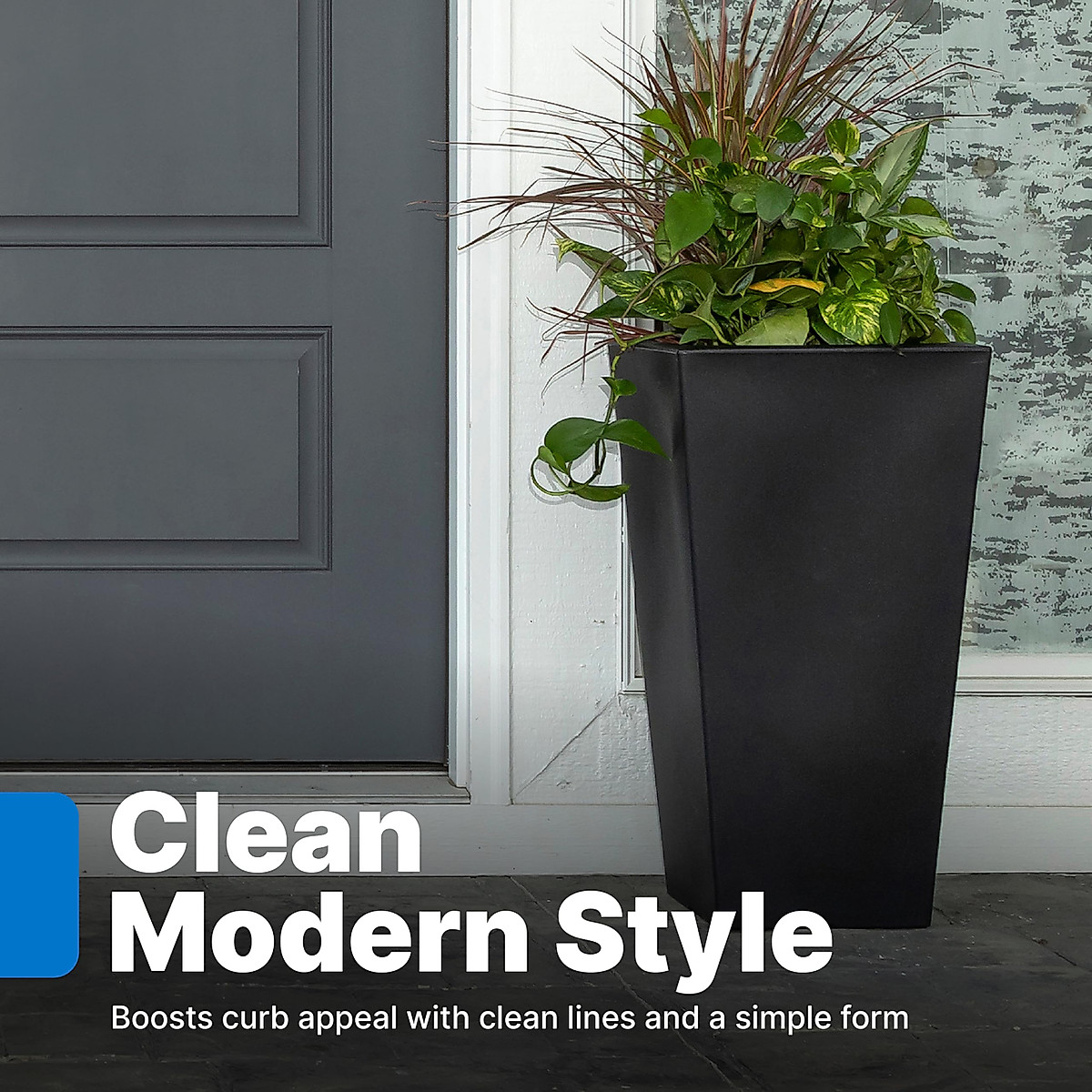 Step2 Tremont Tall Square Tapered Planter, Large Planters for Outdoor Plants, Gardening and Flower Pot for Patio or Porch, Efficient Drainage, Durable Plastic, Onyx Black, 1-Pack