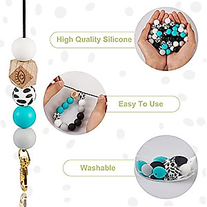 Boutigem 76pcs Cow Printed Round Silicone Beads Soft Rubber Beads for Keychain Making Wood European Beads & Big Pendants for Wristlet Phone Lanyard Pen Jewelry Making DIY Craft